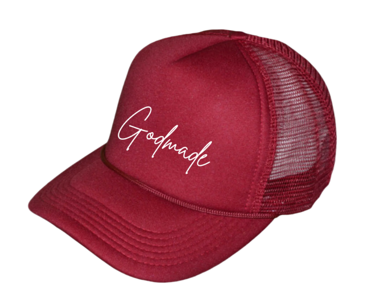 God Made Maroon Trucker Hat – God Made Merch, LLC.